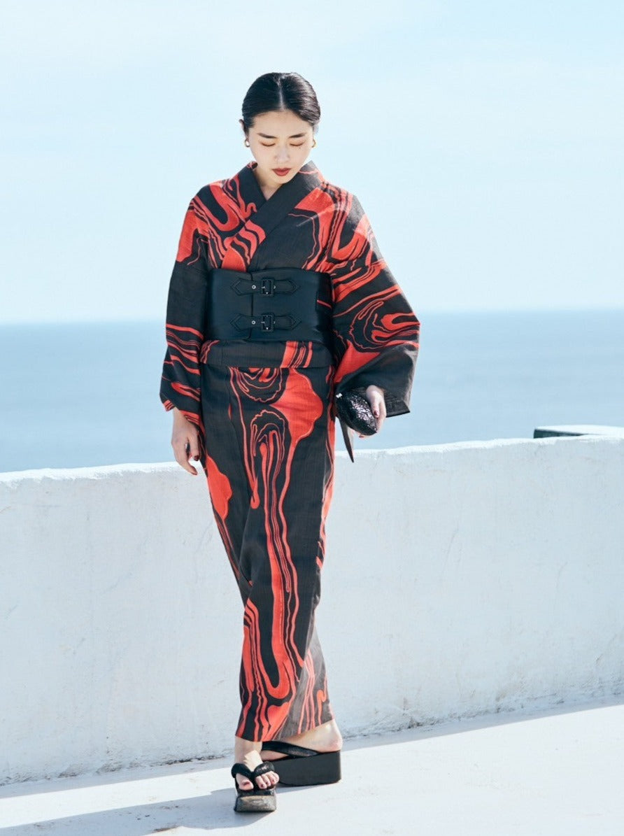 浴衣｜墨流し 黒／赤｜KAPUKI